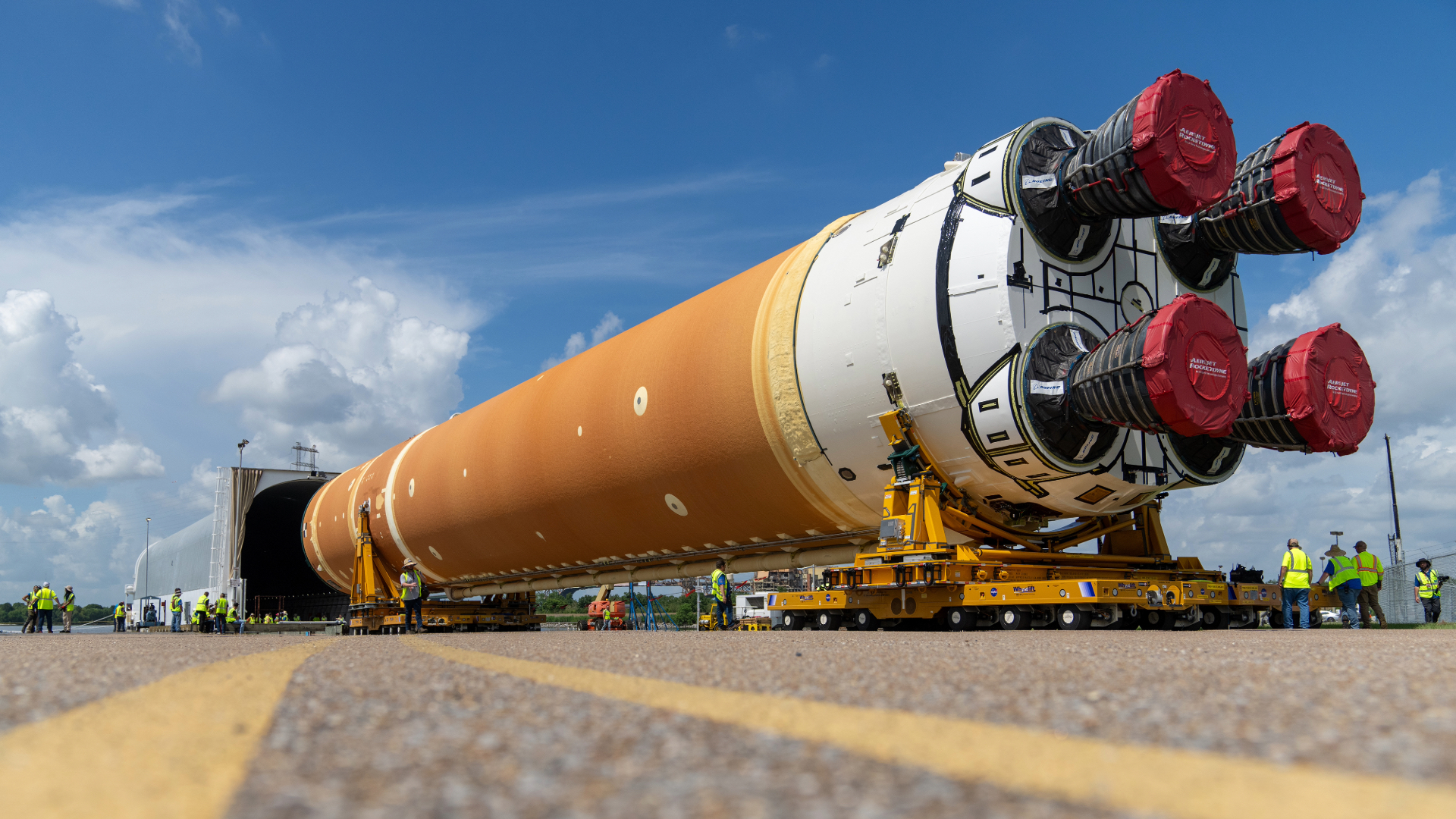 Photos: NASA's moon rocket stage rolls out ahead of Artemis flight