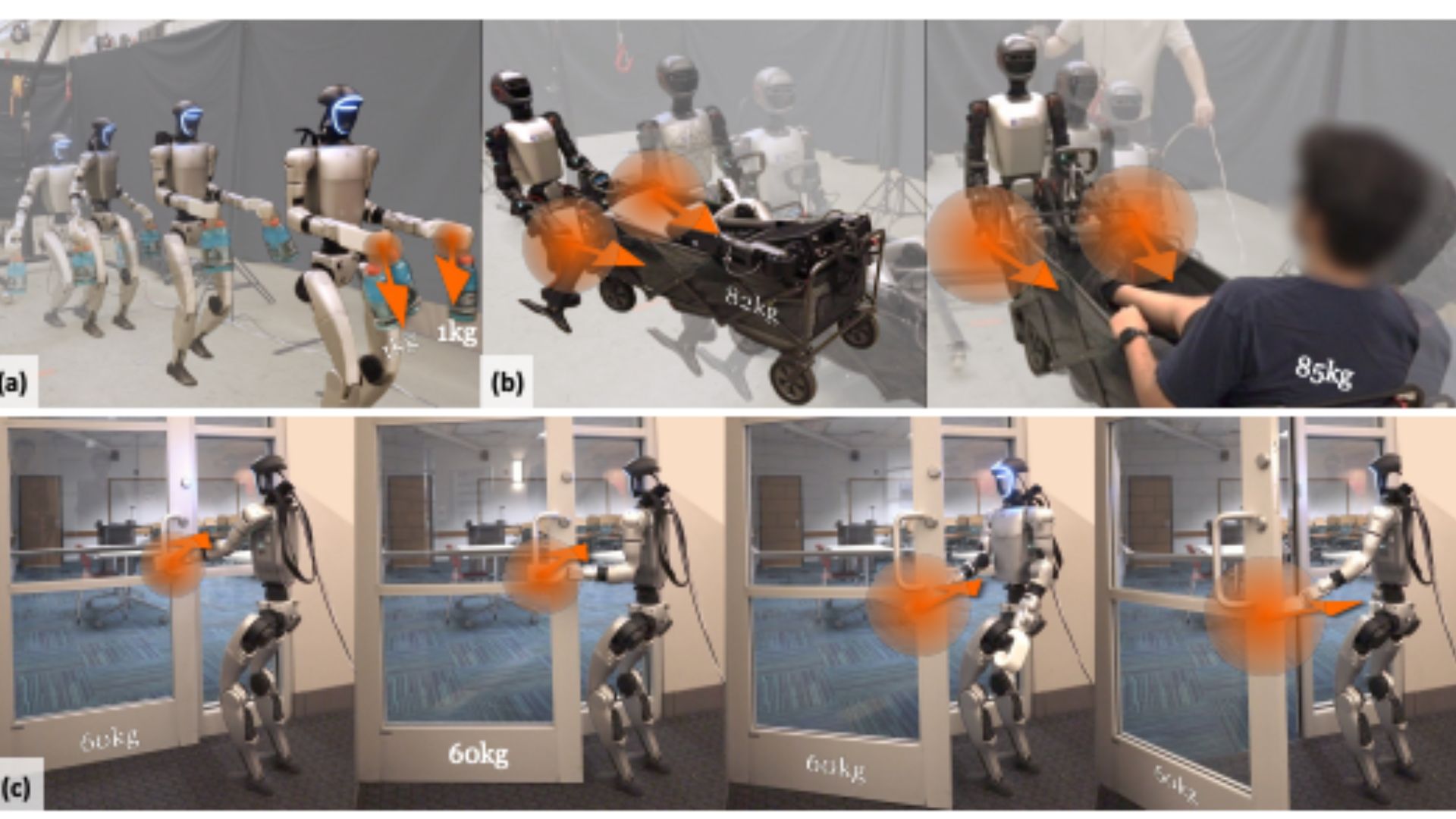 Watch humanoid robots clash in a tug of war, pull cart, open doors